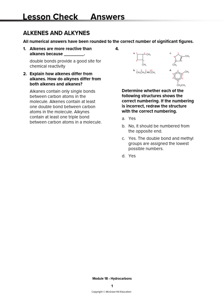 CA Lesson+Check+Answer+Key Alkenes+and+Alkynes | PDF