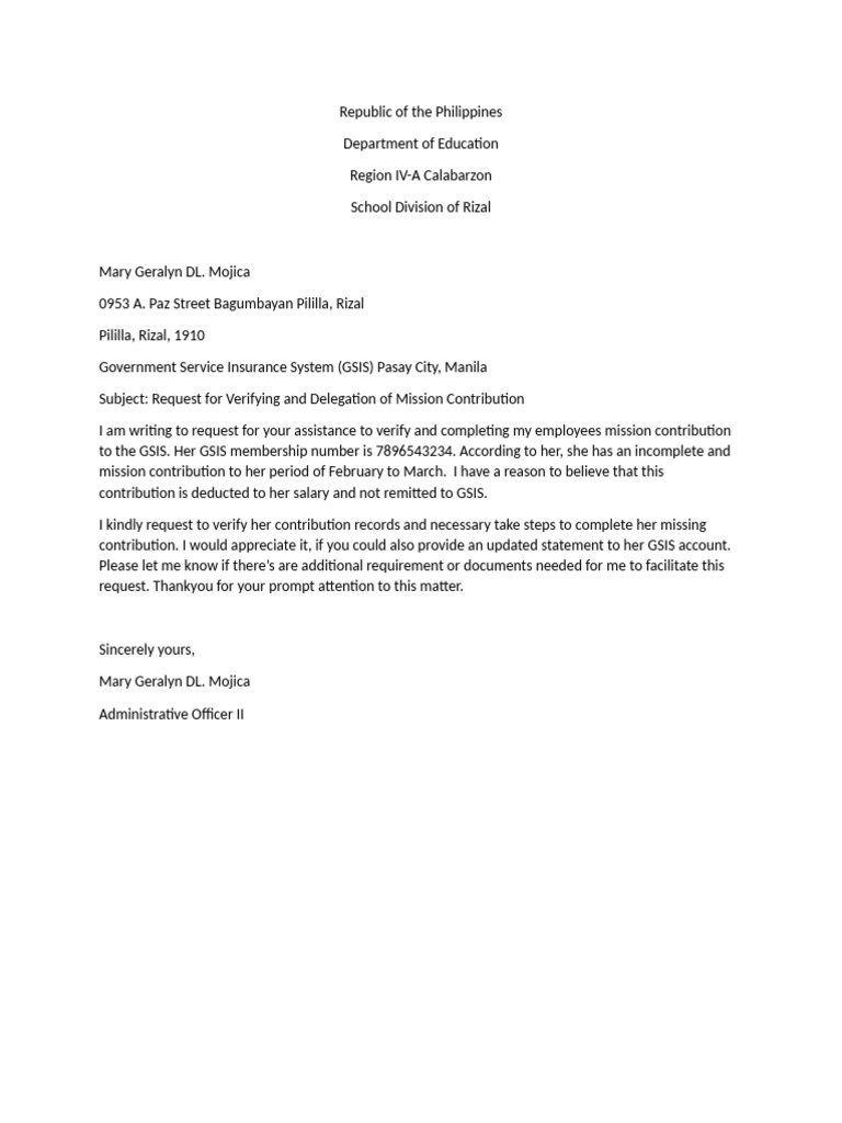 Sample Request Letter GSIS | PDF