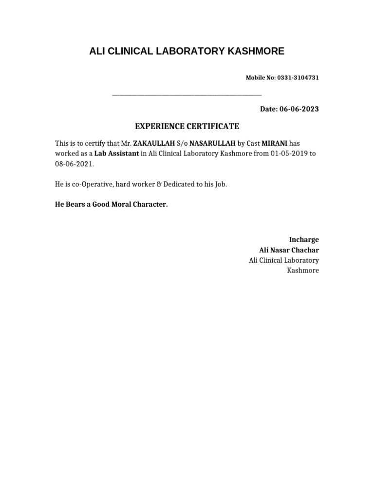Lab Assistant Experience Certificate | PDF