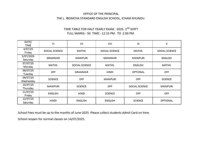 Time Table For Half Year Examination-2025. Second Shift | PDF