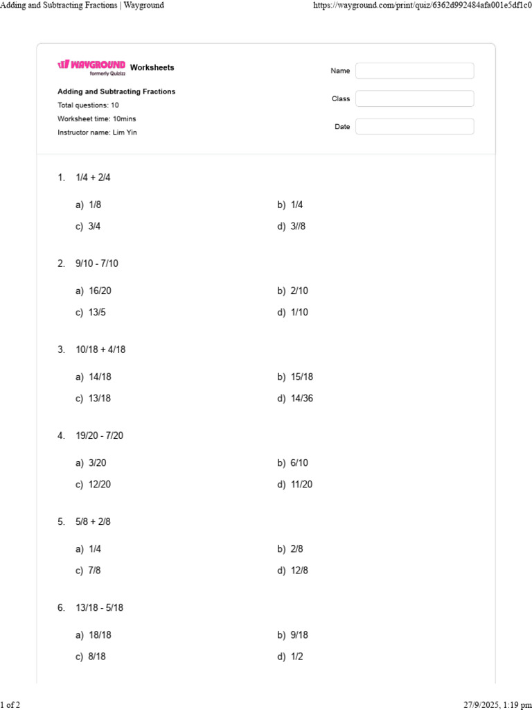 Adding and Subtracting Fractions 4 - Wayground | PDF