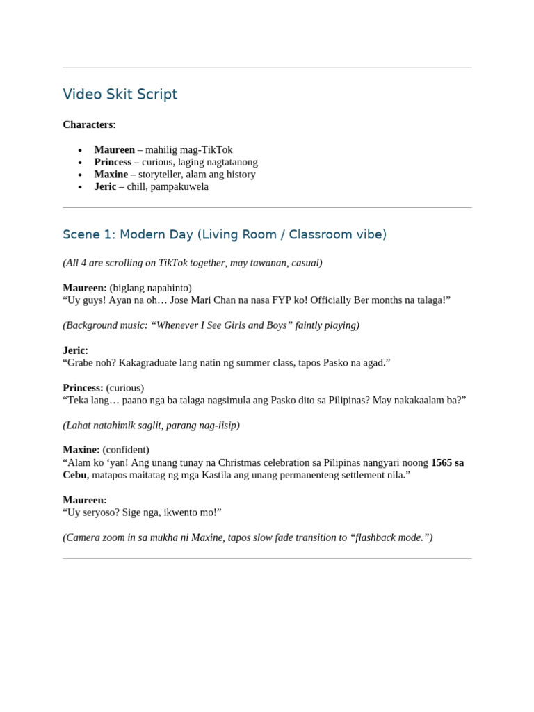 Video Skit Script: Scene 1: Modern Day (Living Room / Classroom Vibe) | PDF