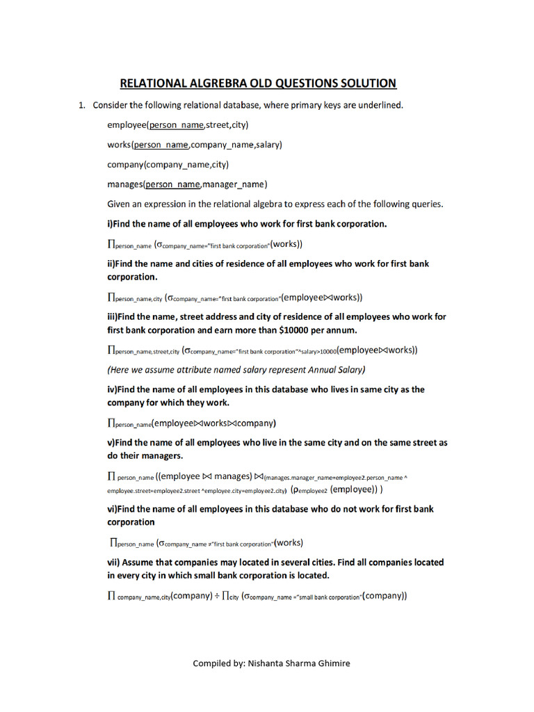 Relational Algebra Practice Question | PDF