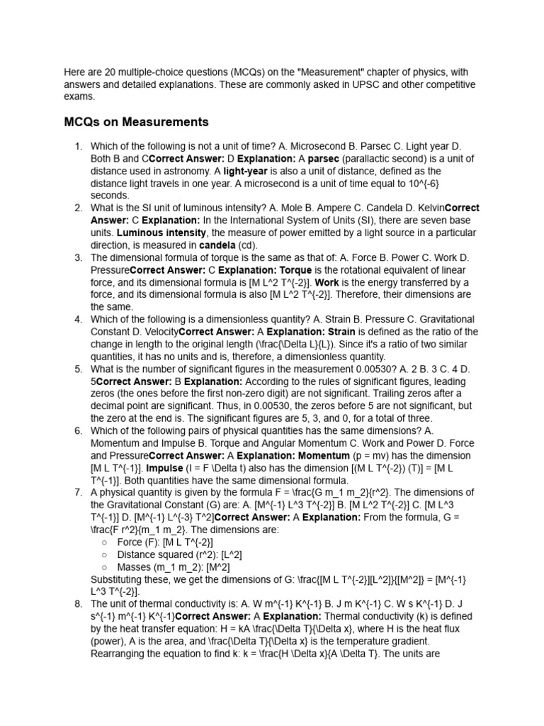 Give A 20 MCQ Question and Answer of Measurement C... | PDF ...