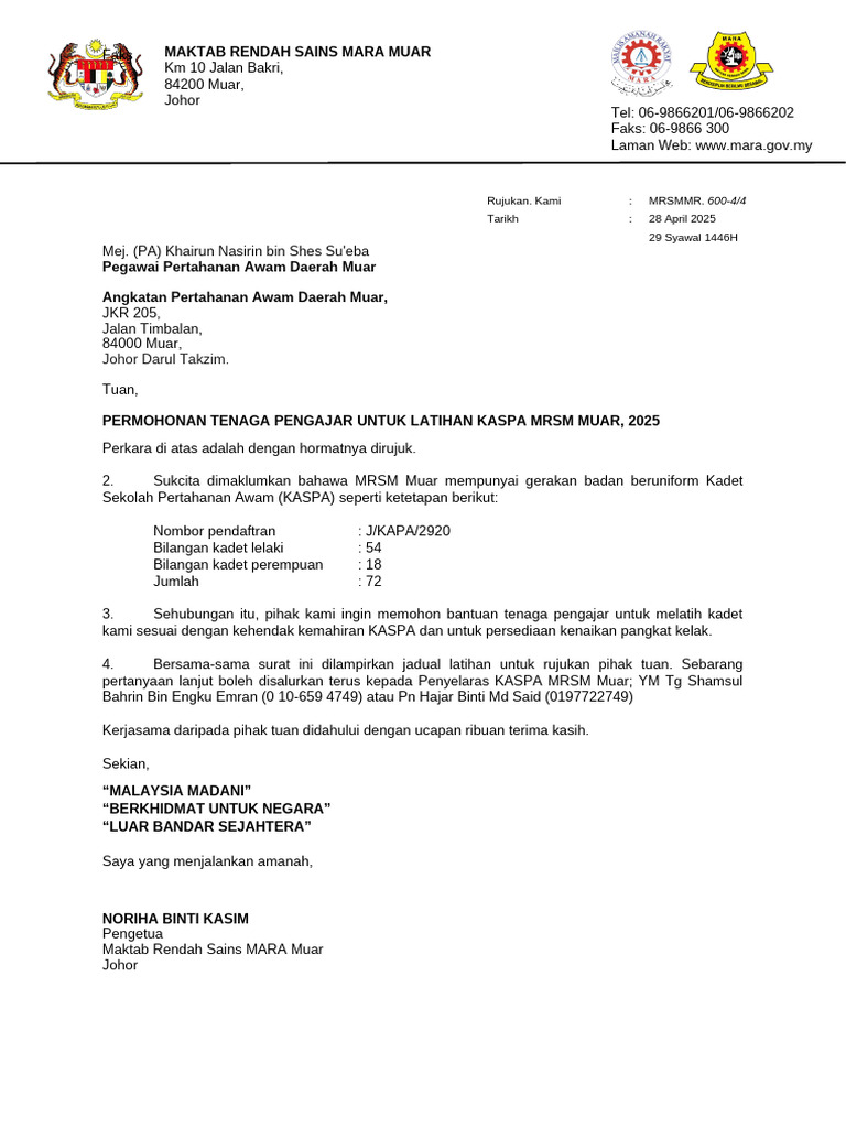 Surat Mohon Pegawai Latihan Kaspa 2025 | PDF