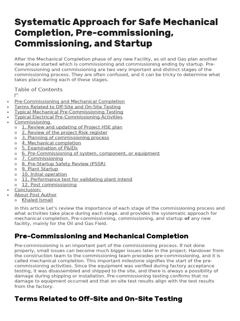 Mechanical Completion and Commissioning Guide | PDF | Transformer ...