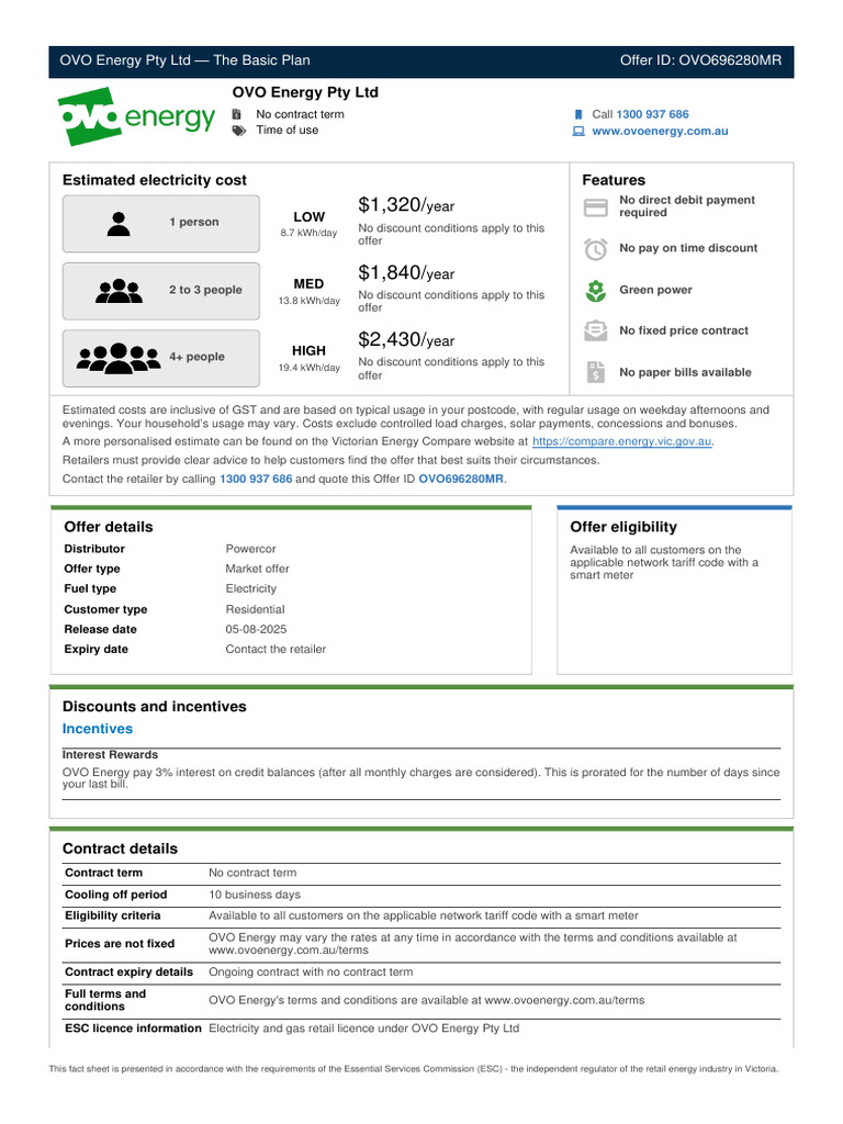 Victorian Energy Fact Sheet OVO696280MR Electricity CZ 7 | PDF | Power ...