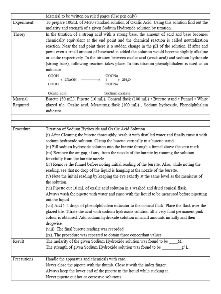Expt 3-11th - Oxalic Acid-Titration Write Up | PDF | Titration | Chemistry