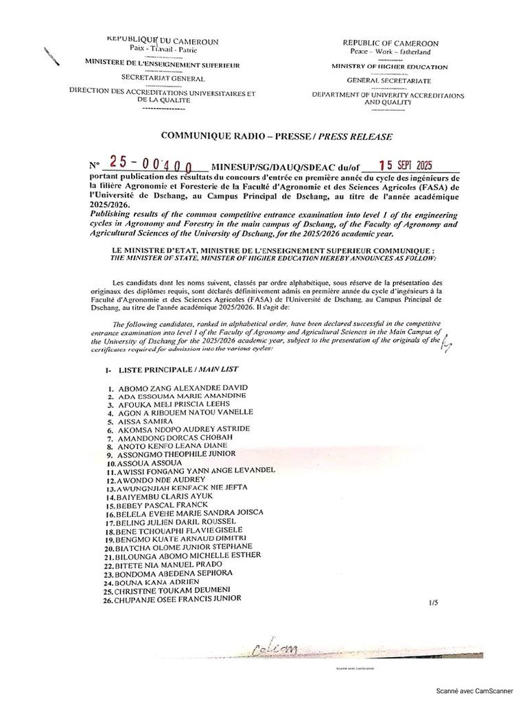 Résultat de La FASA Niveau BAC de L'université de Dschang. Année ...