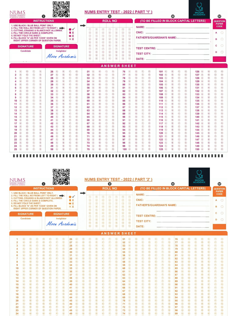 NUMS Bubble Sheet PDF - Moon Academix | PDF