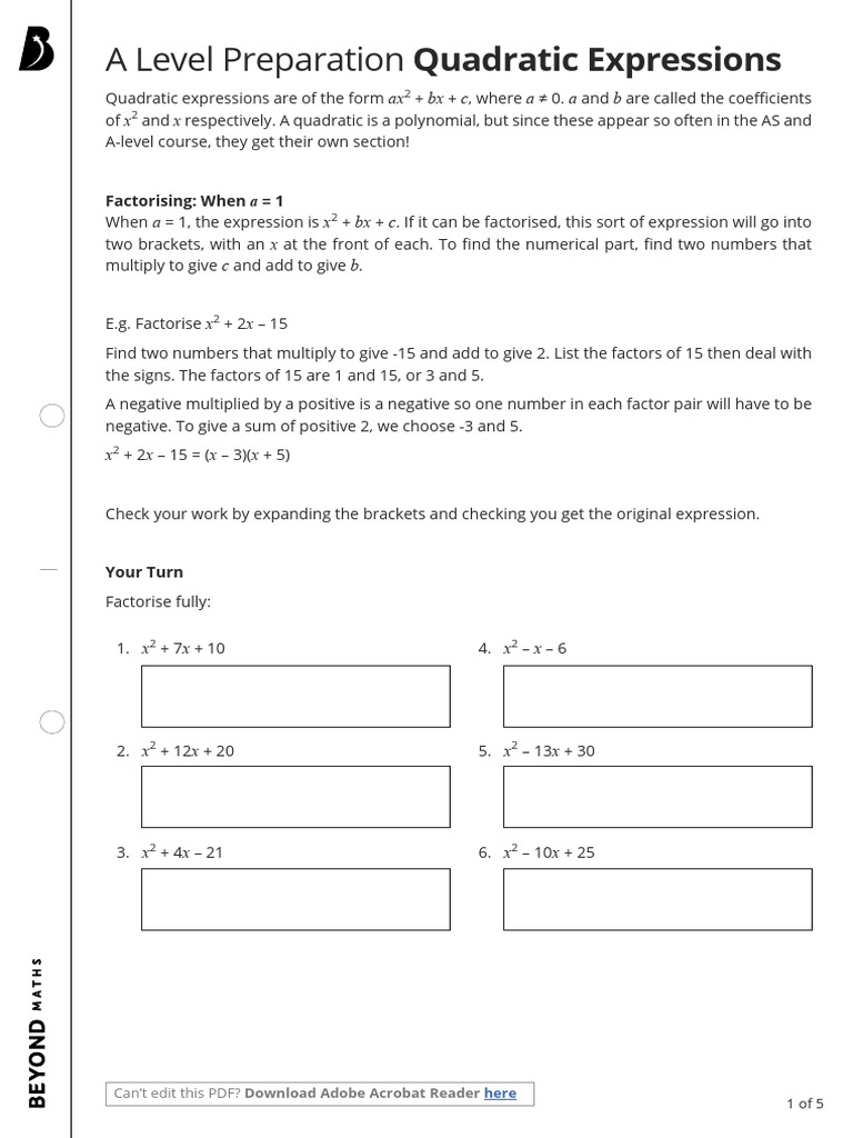 A-Level Preparation - Quadratic Expressions (Interactive) | PDF ...