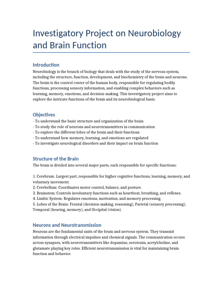 Neurobiology and Brain Function Project | PDF | Brain | Neuroscience