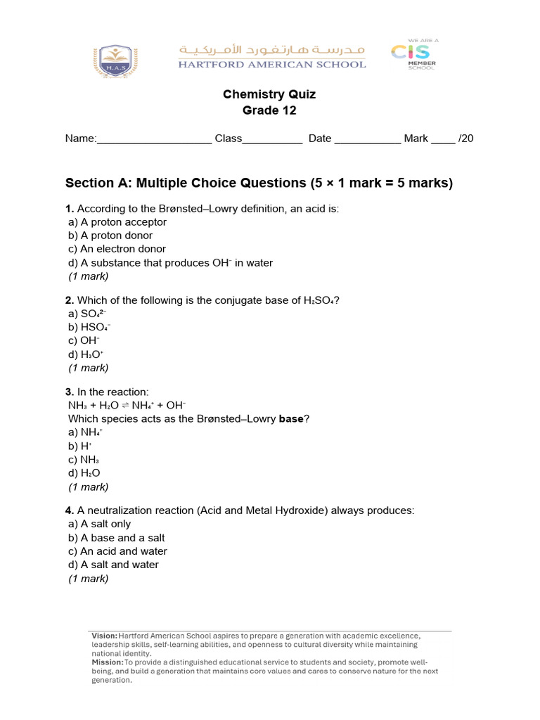 Grade 12 Chemistry Quiz on Acids and Bases | PDF | Acid | Chemical ...