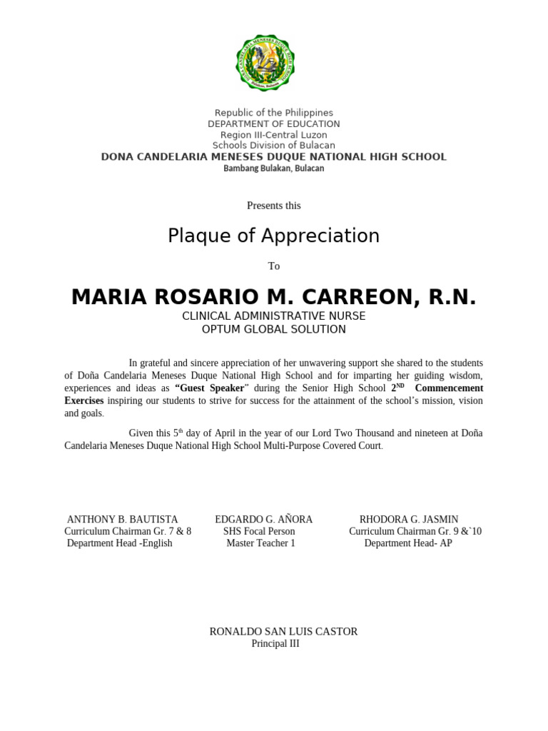 Plaque of Appreciation (Guest) | PDF