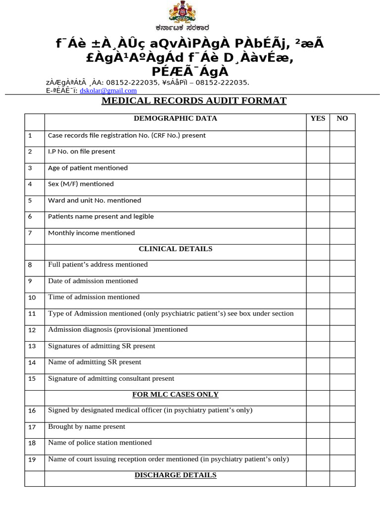 Medical Records Audit Format (New) | PDF | Patient | Psychiatry