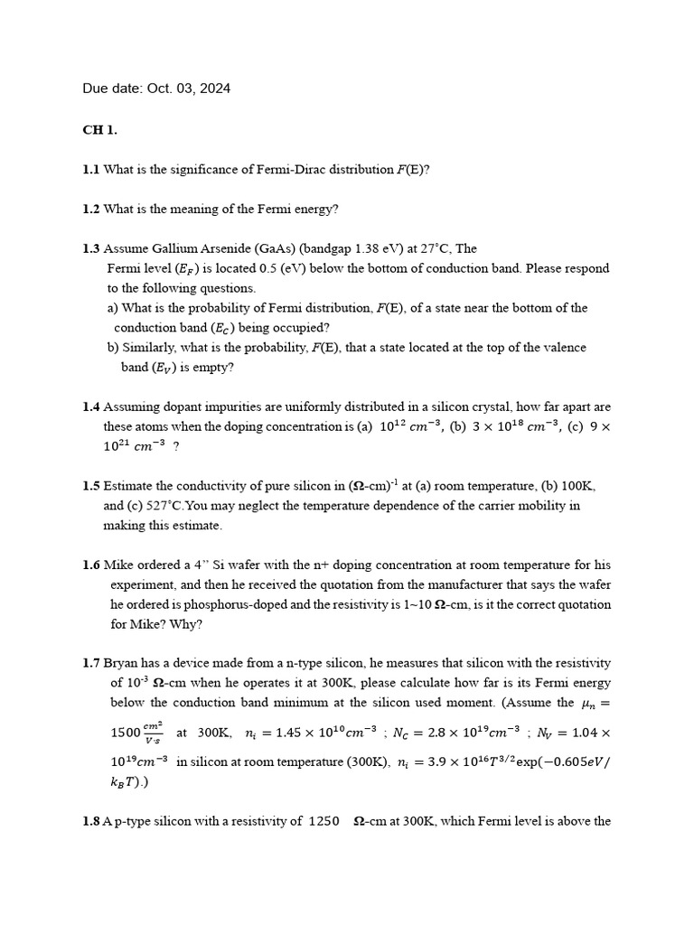 Homework 1 CH1 2024 | PDF | Doping (Semiconductor) | Electrical ...