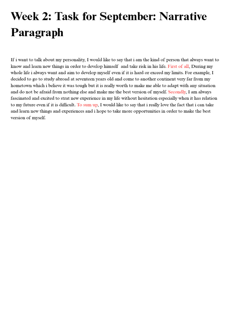 Week 2 Task For September Narrative Paragraph | PDF