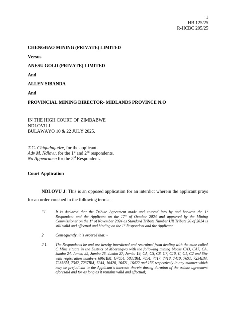 Chengbao Mining (Private) Limited Versus Anesu Gold (Private) Limited ...