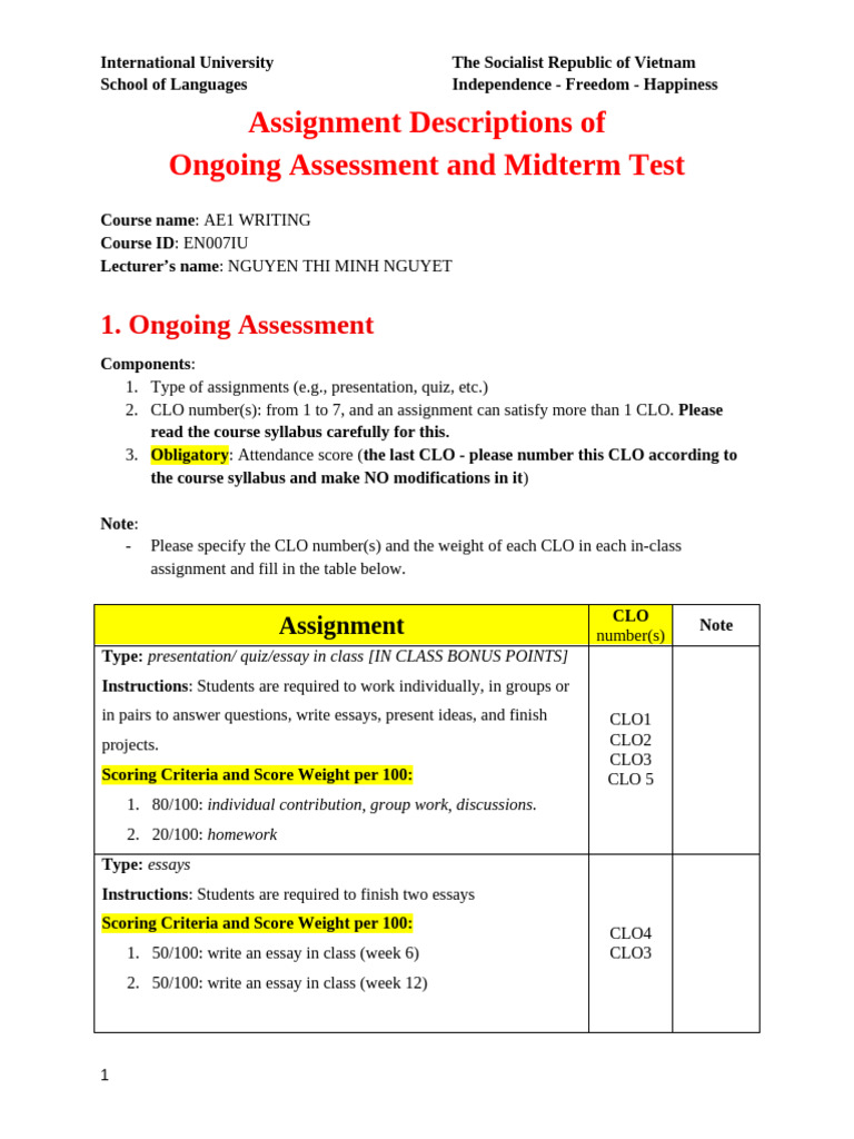 WRITING AE1 - Assignment Descriptions of Ongoing Assessment 2 | PDF ...