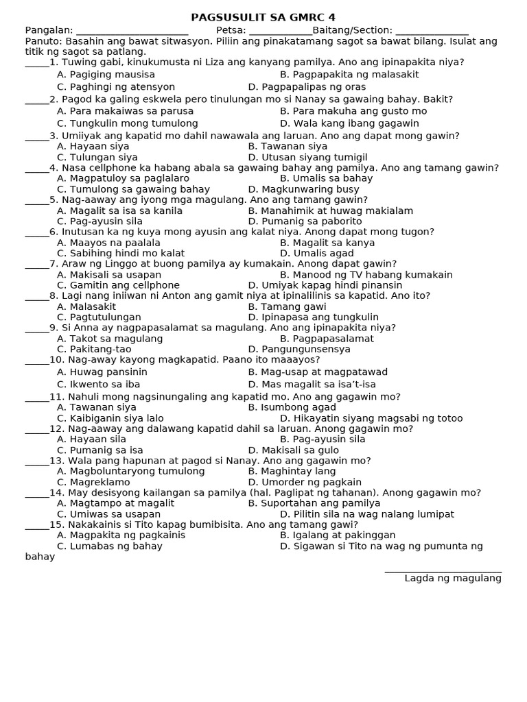 Mabuting Pakikitungo Sa Pamilya Quiz | PDF
