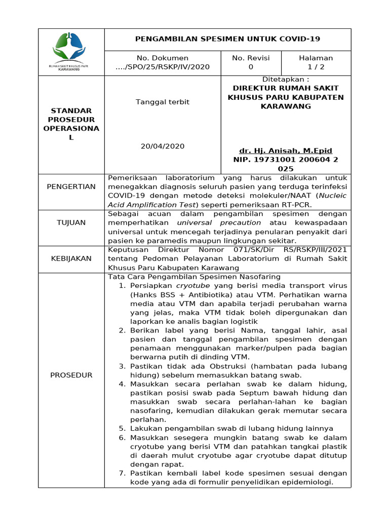 SOP Pengambilan Sampel Swab Print | PDF