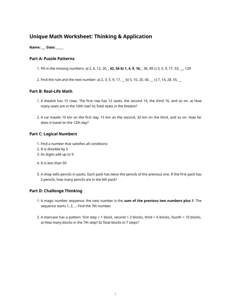 Unique Math Worksheet | PDF