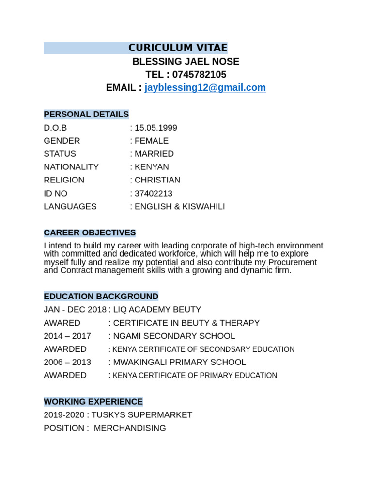 Blessing Jael Nose - CV Summary | PDF