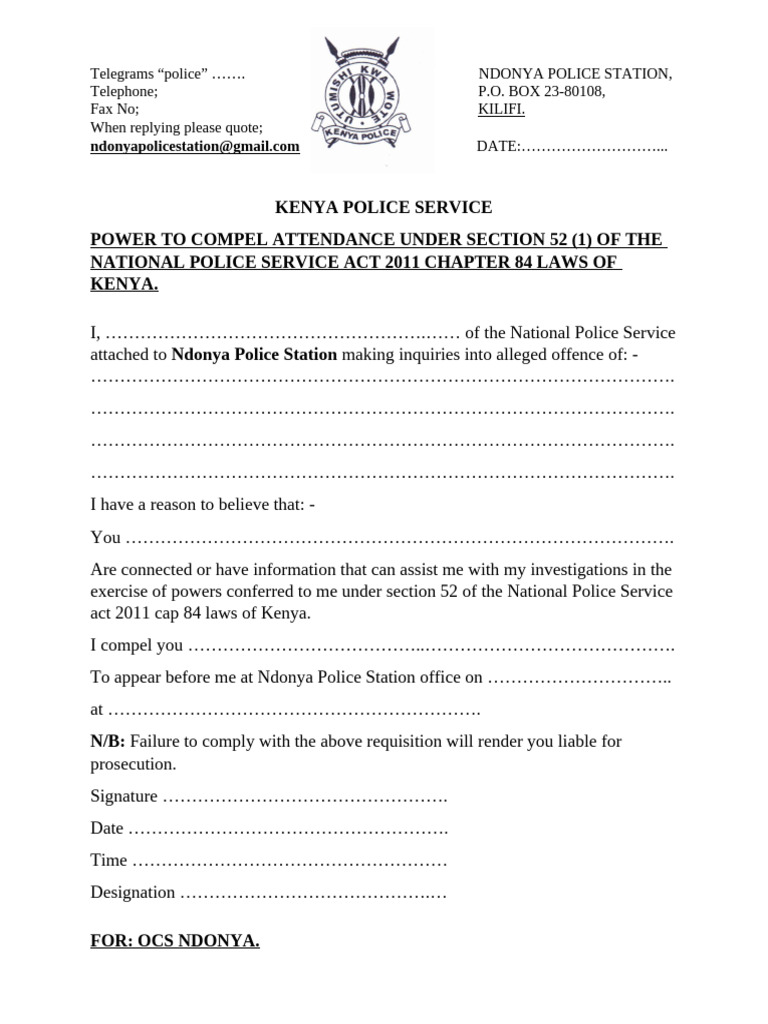 Kenya Police P52 Form Template | PDF