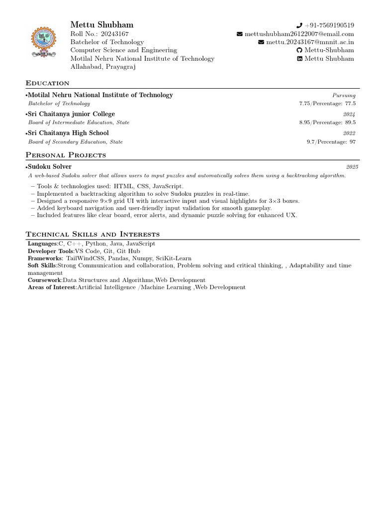NIT Allahabad Resume | PDF | Web Development | Computing