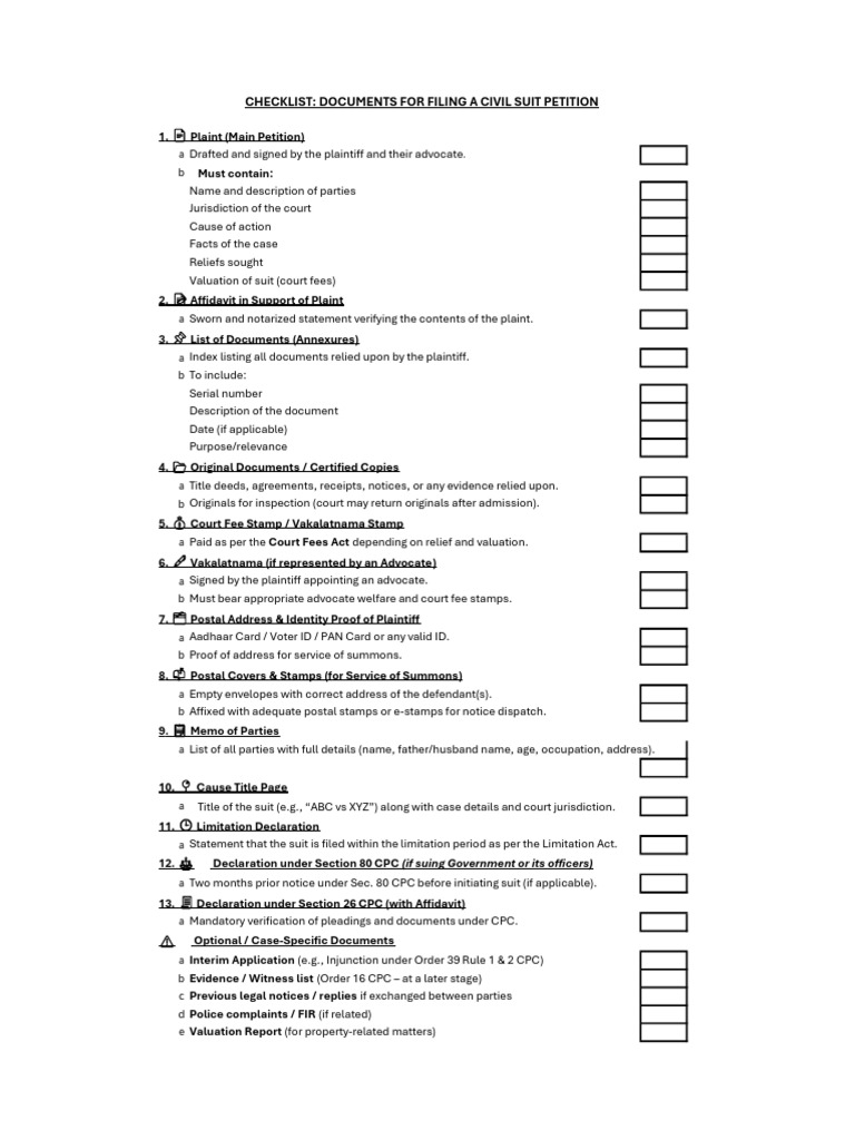 Civil Suit Filing Checklist Guide | PDF | Lawsuit | Service Of Process