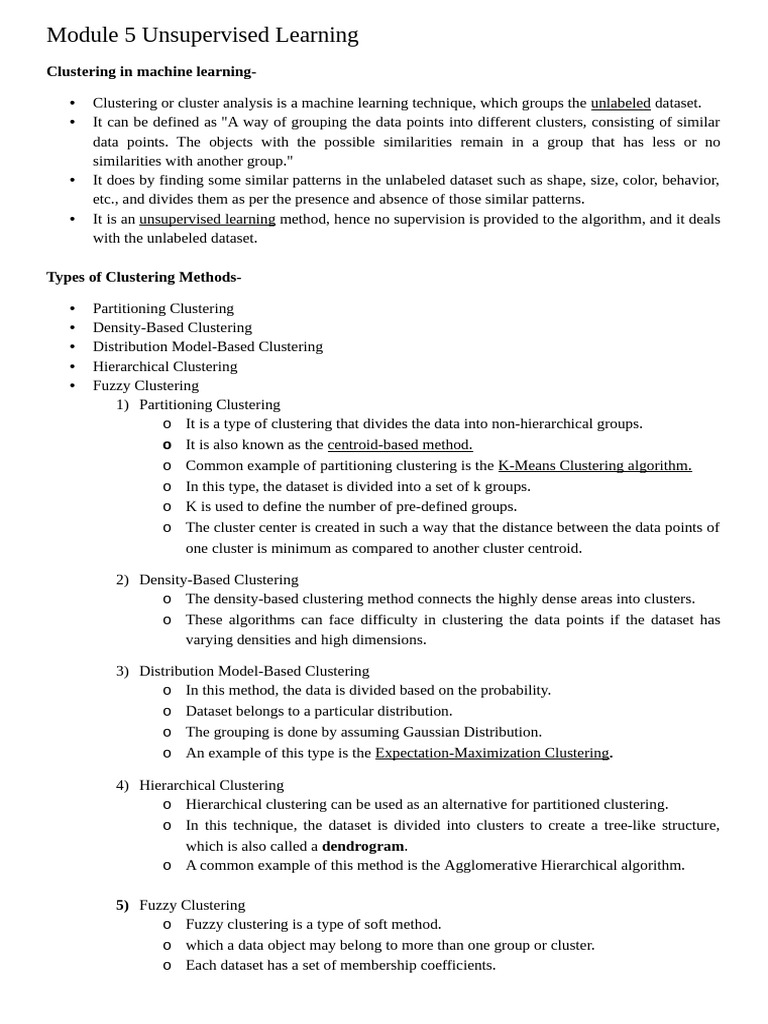 Module 5 Unsupervised Learning | PDF | Cluster Analysis | Machine Learning