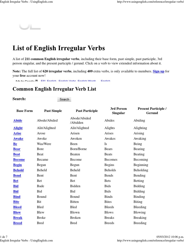 English Irregular Verbs - Using English | PDF | Syntax | Grammar