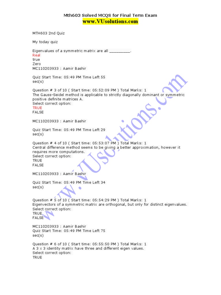 Mth603 Solved Online Quizzes GURU | PDF | Eigenvalues And Eigenvectors | Matrix (Mathematics)