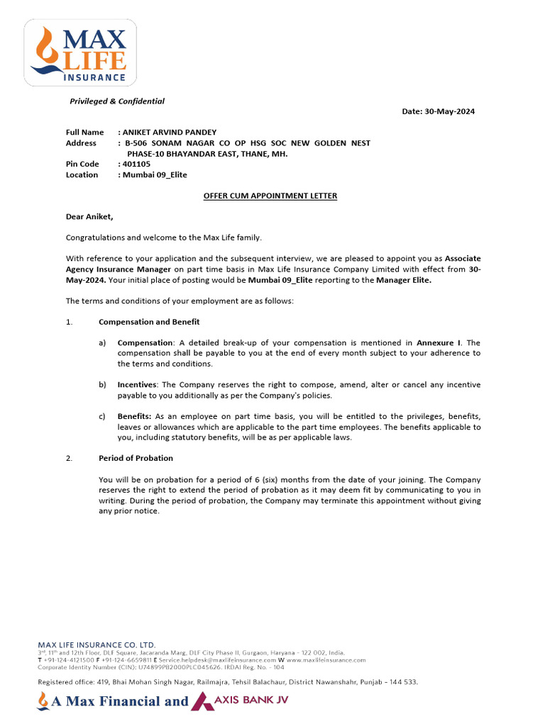 Max Life Insurance Appointment Letter | PDF | Life Insurance | Insurance
