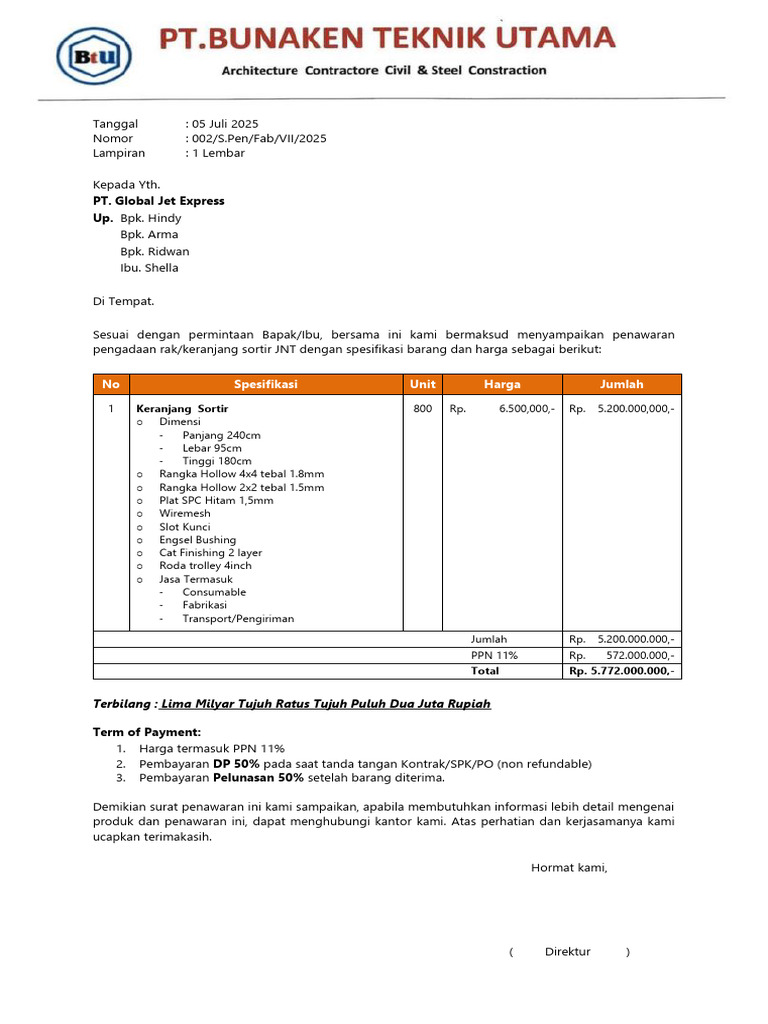 Surat Penawaran Harga Rak JNT Buana | PDF
