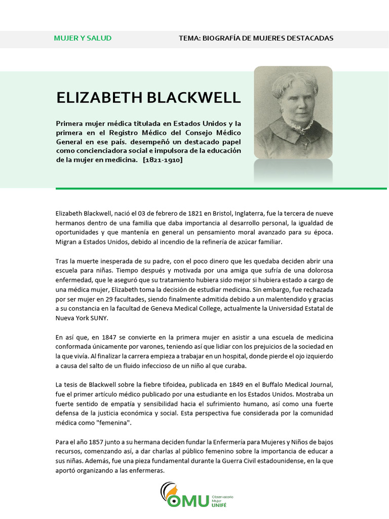 Biografia Elizabeth Blackwell | PDF | Medicina