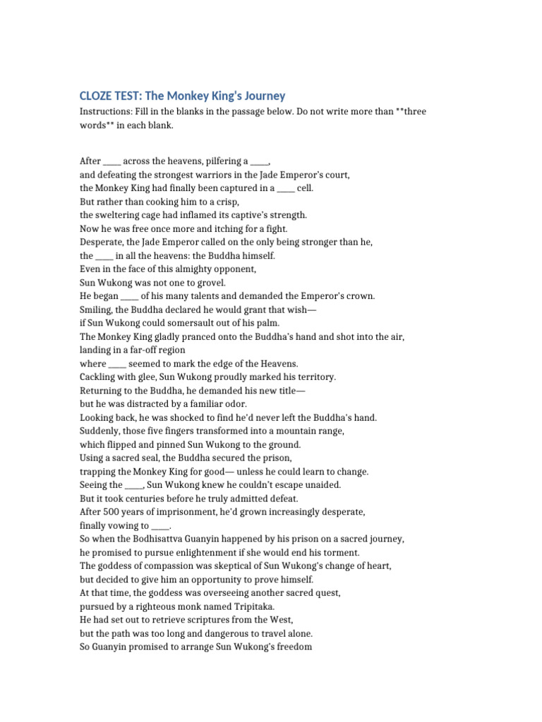 Monkey King Cloze Test | PDF