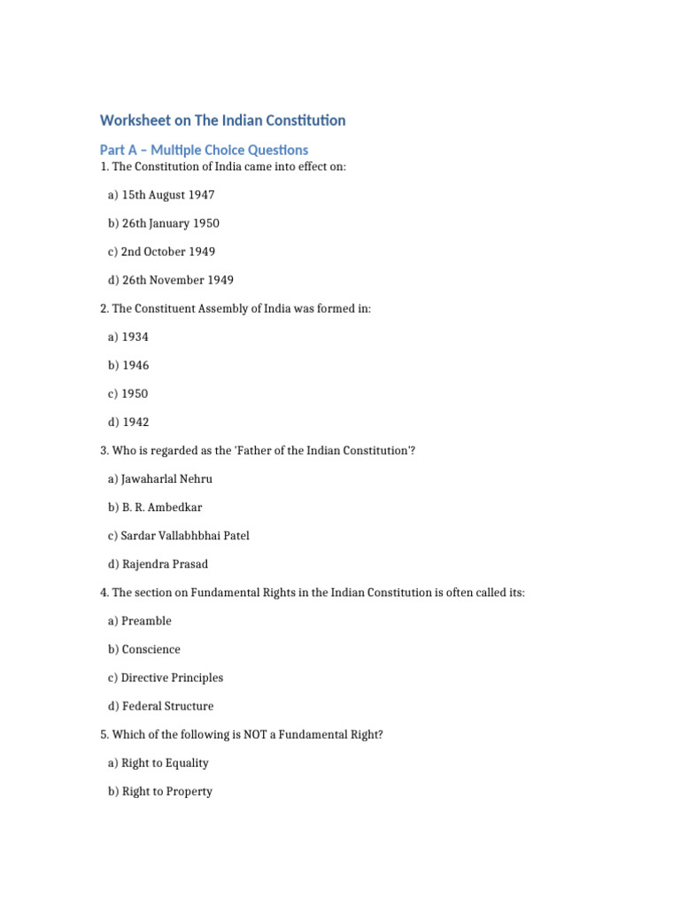 Indian Constitution Worksheet Quiz | PDF | Justice | Crime & Violence