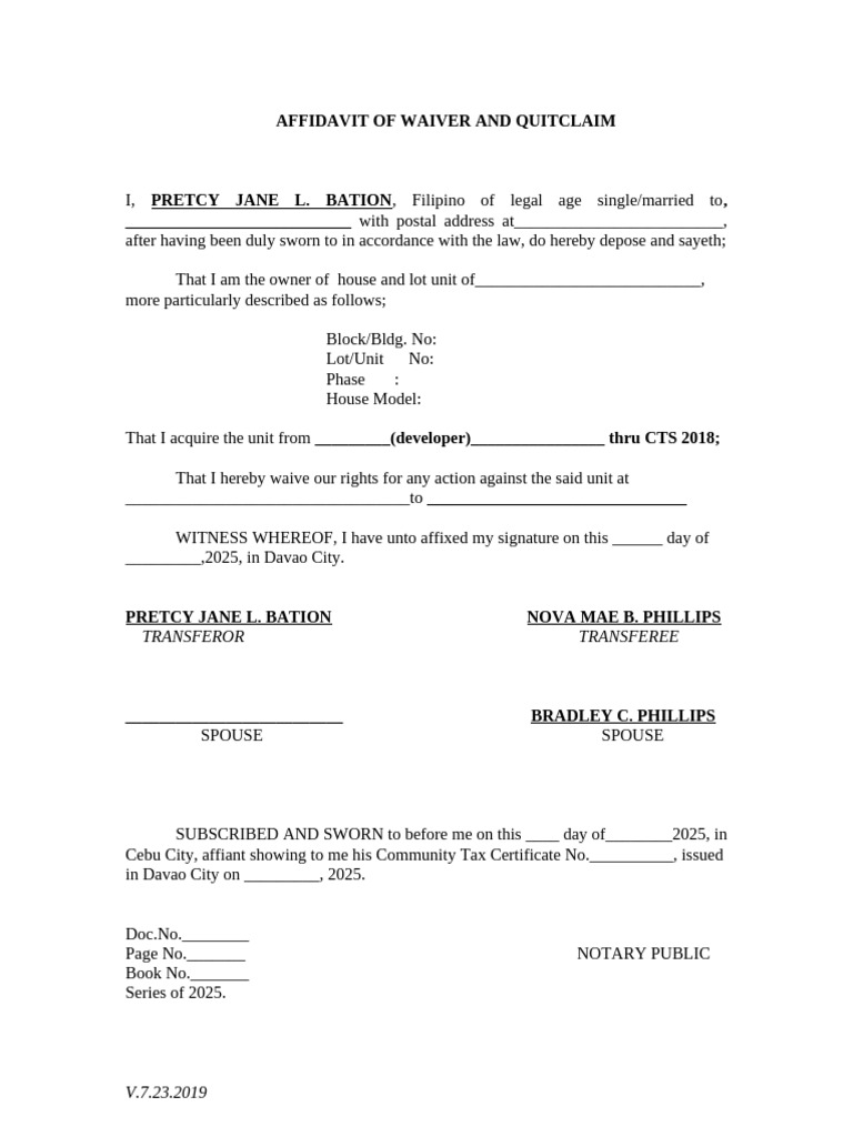 Affidavit of Waiver and Quitclaim - V72319 | PDF