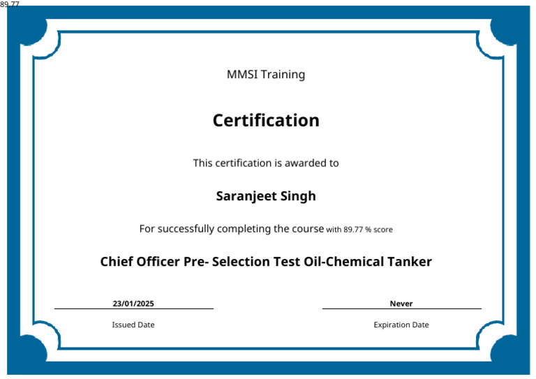 Certification Chief Officer Pre Selection Test Oil Chemical Tanker ...