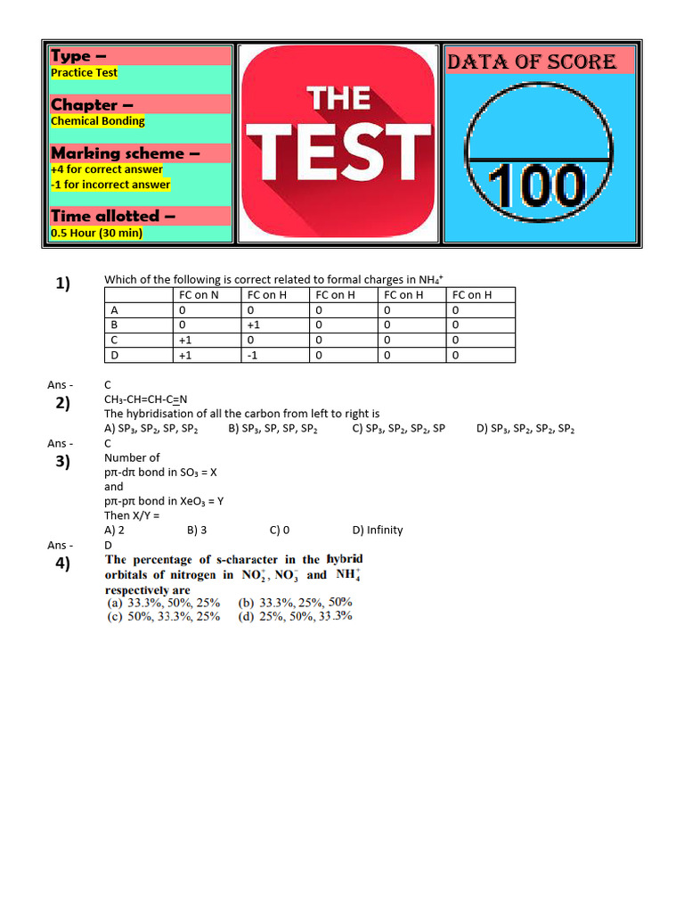 CT - Chemical Bonding - 1 - Set - 4 | PDF | Applied And ...