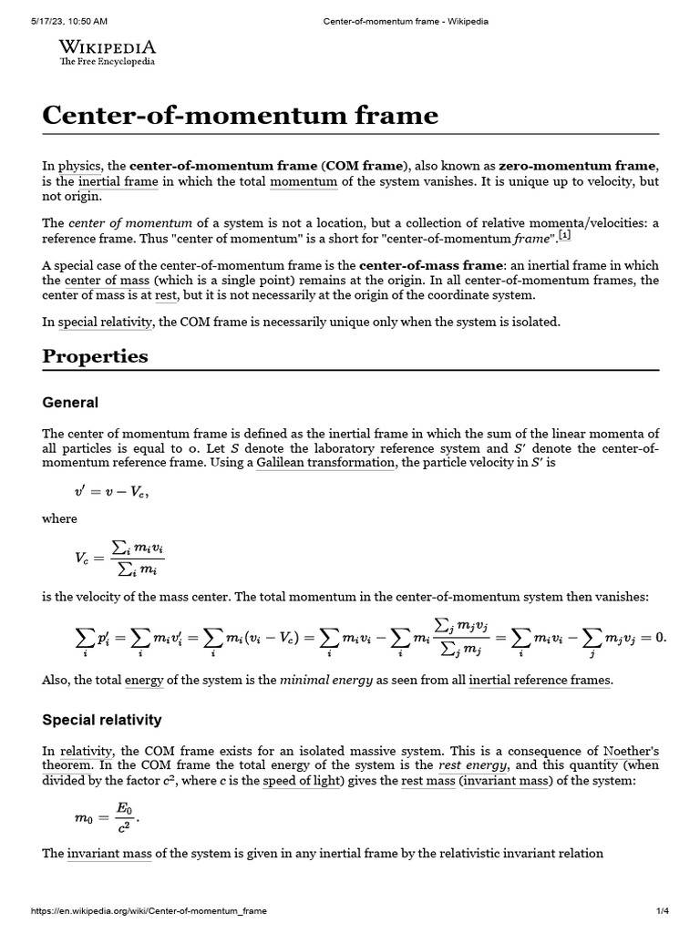 Center of Momentum Frame Wikipedia | PDF | Momentum | Applied And ...