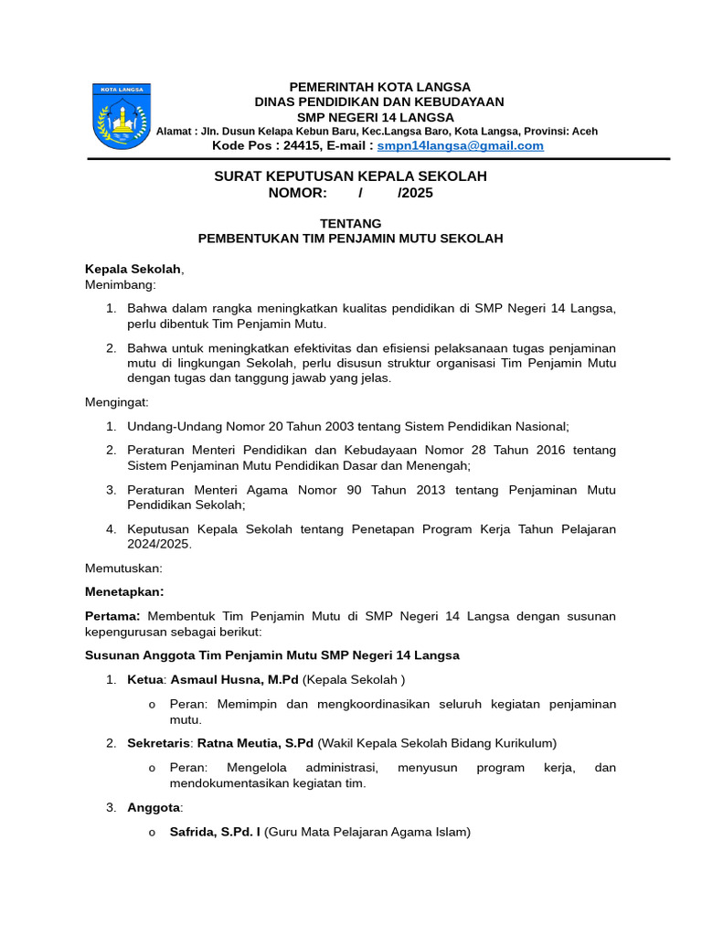 Pembentukan Tim Penjamin Mutu Sekolah | PDF