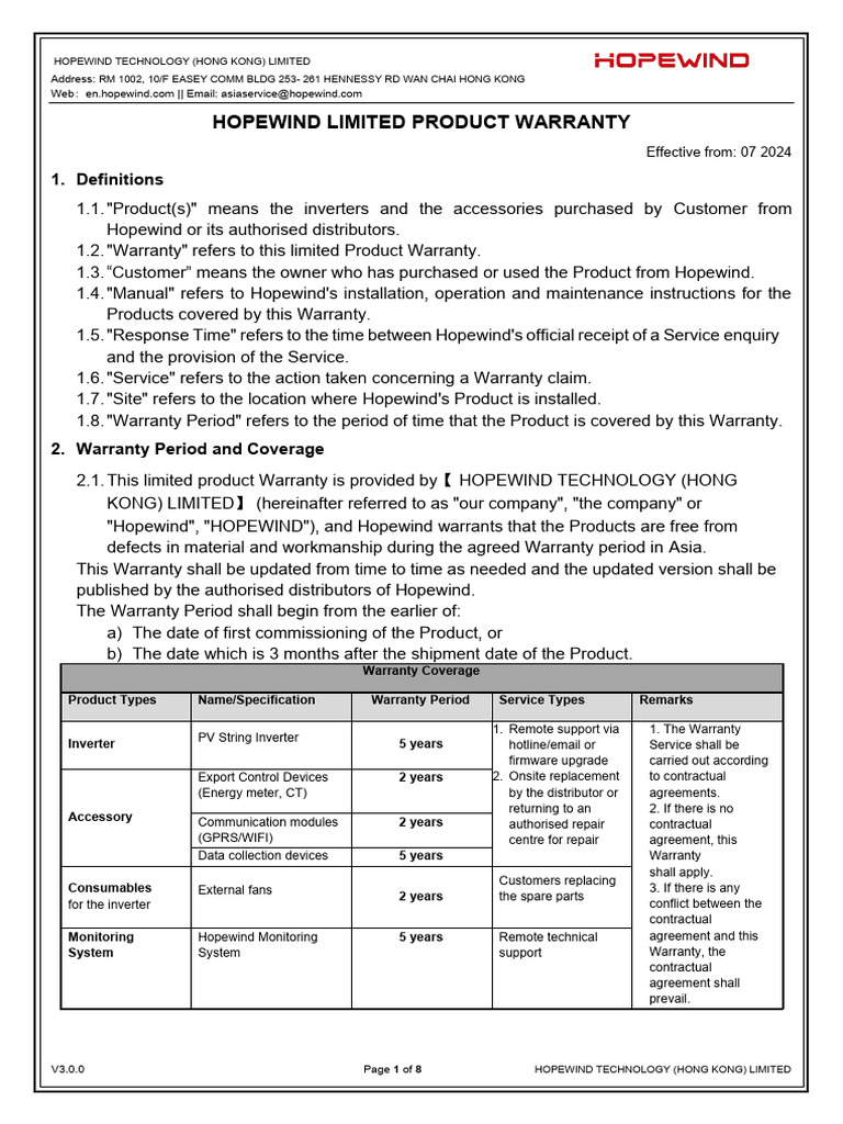 Hopewind Limited Product Warranty-Asia v3.0.0 | PDF | Electrical Grid ...