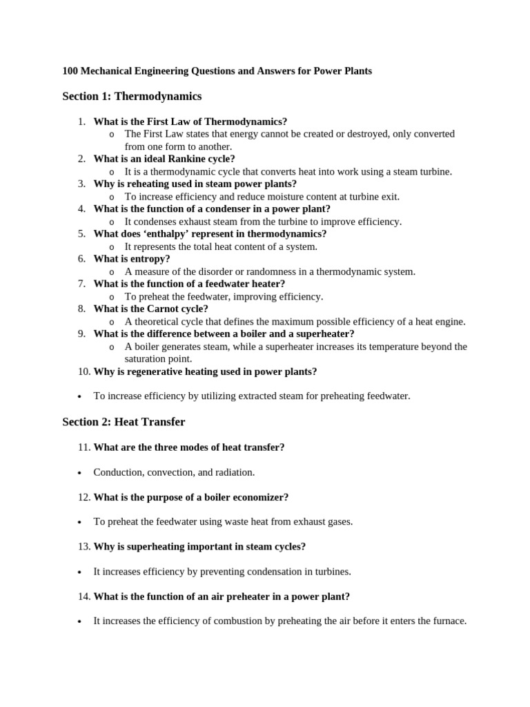 100 Mechanical Engineering Questions and Answers For Power Plants | PDF ...