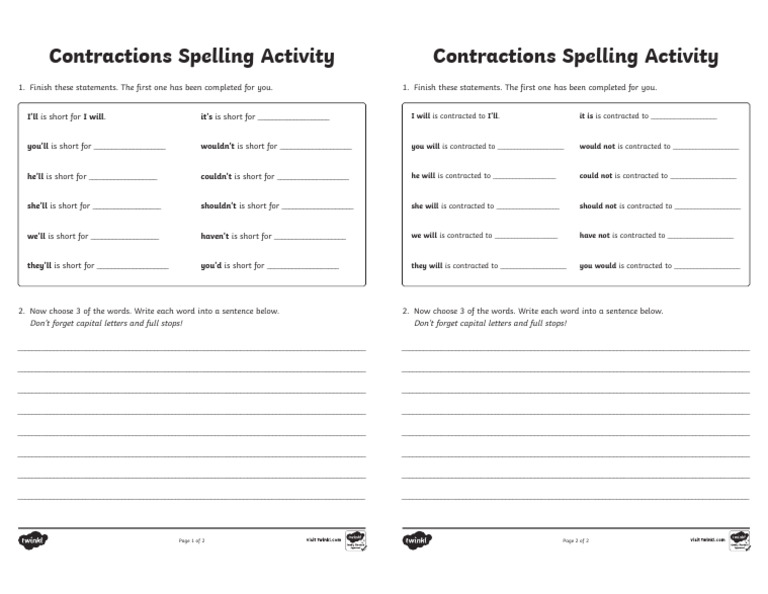 14x Contractions Spelling Activity Black and White Version Ver 3 | PDF ...