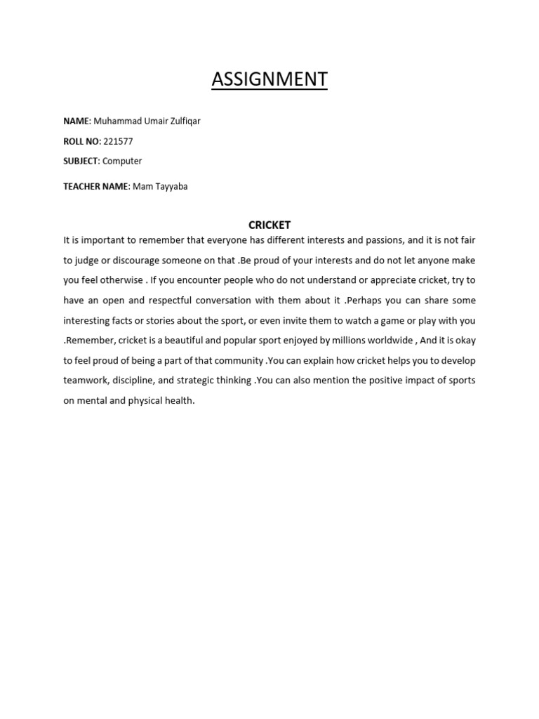 Umair's Assignment on Cricket | PDF