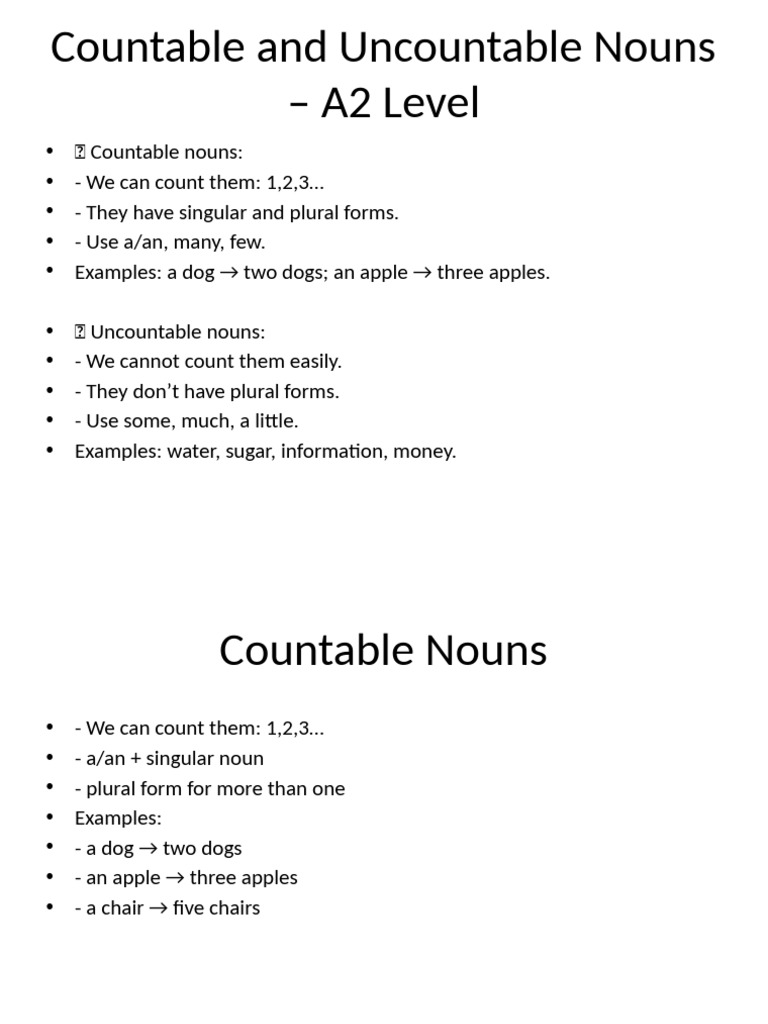 Countable vs Uncountable Nouns A2 | PDF