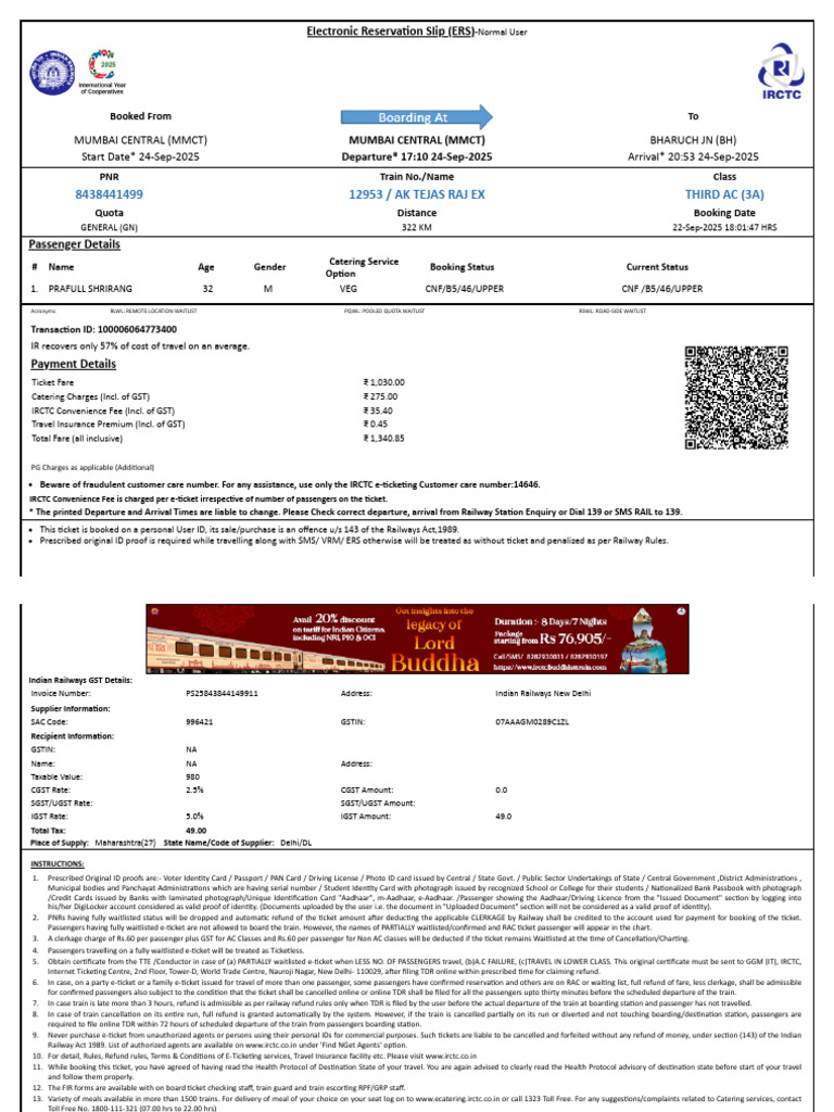 8438441499.Pdf - MMCT To Bharuch | PDF | Identity Document | Payments