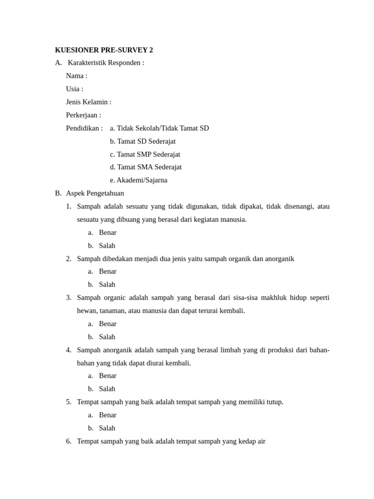 Kuesioner Pre Survey 2 | PDF